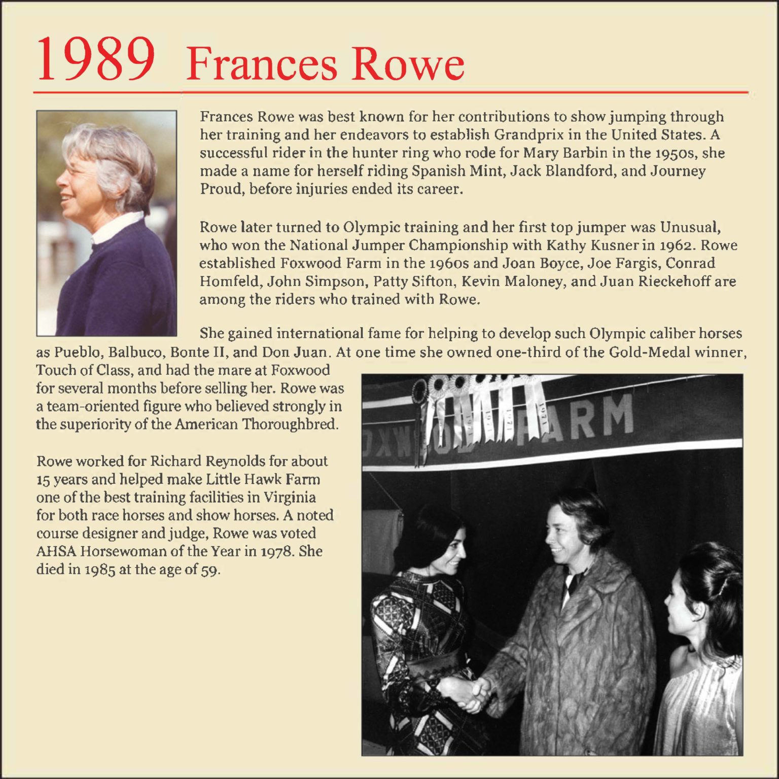 Frances Rowe, Show Jumping Advocate